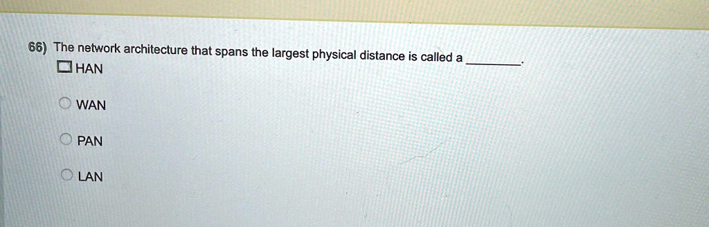 SOLVED: The network architecture that spans the largest physical distance is called a WAN