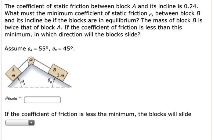 SOLVED: The coefficient of static friction between block A and its incline is 0.24. What must ...