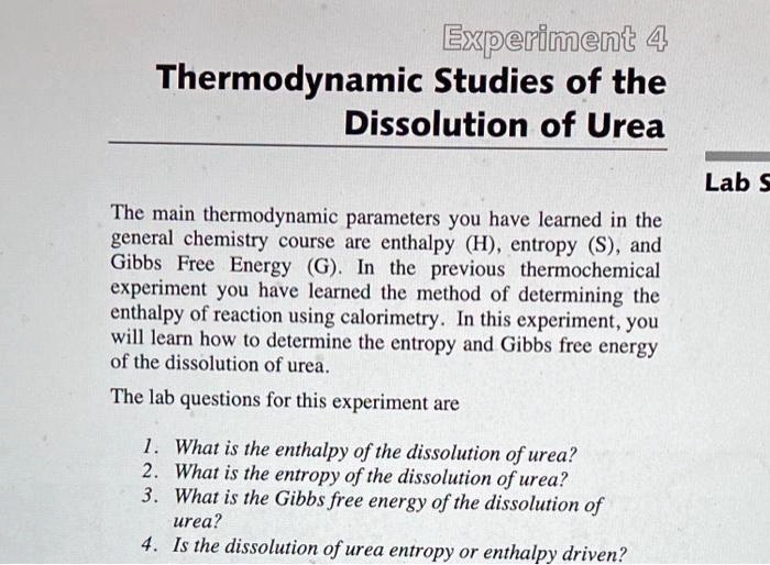 Experiment 4 Thermodynamic Studies of the Dissolution of Urea The main ...