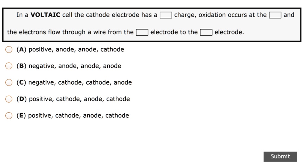 SOLVED: In a voltaic cell, the cathode electrode has a positive charge ...