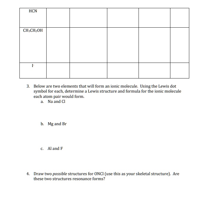 hcn ch3ch2oh i 3 below are two elements that will form an ionic molecule using the lewis dot ...