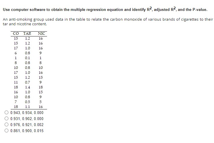 SOLVED: Use computer software to obtain the multiple regression equation and identify R^2 ...