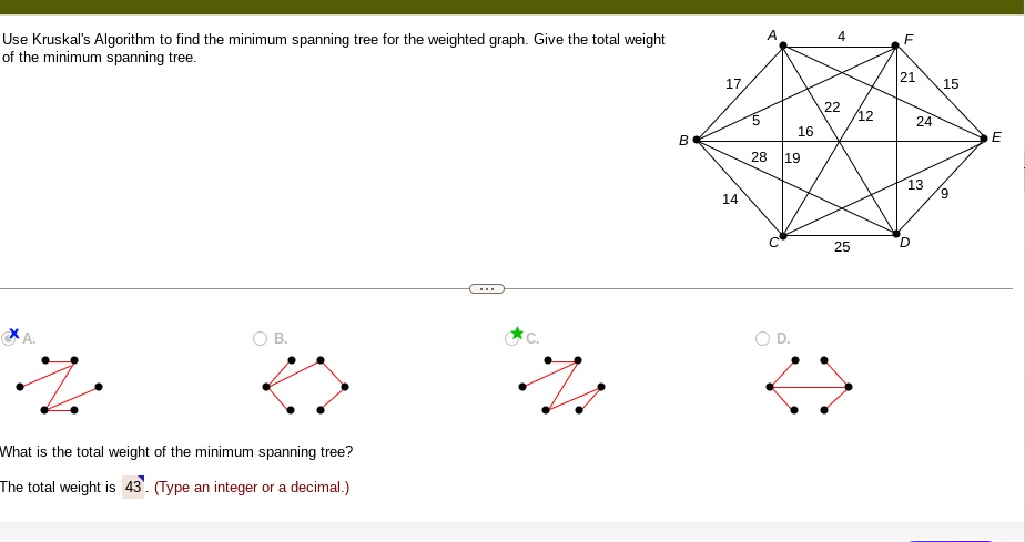 Solved Use Kruskals Algorithm To Find The Minimum Spanning Tree For The Weighted Graph Give