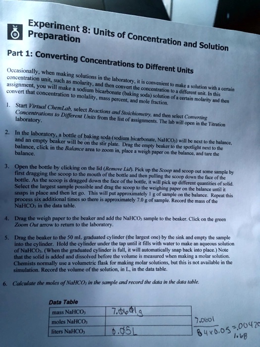 SOLVED: Experiment 8: Units Preparation Of Concentration and Solution ...