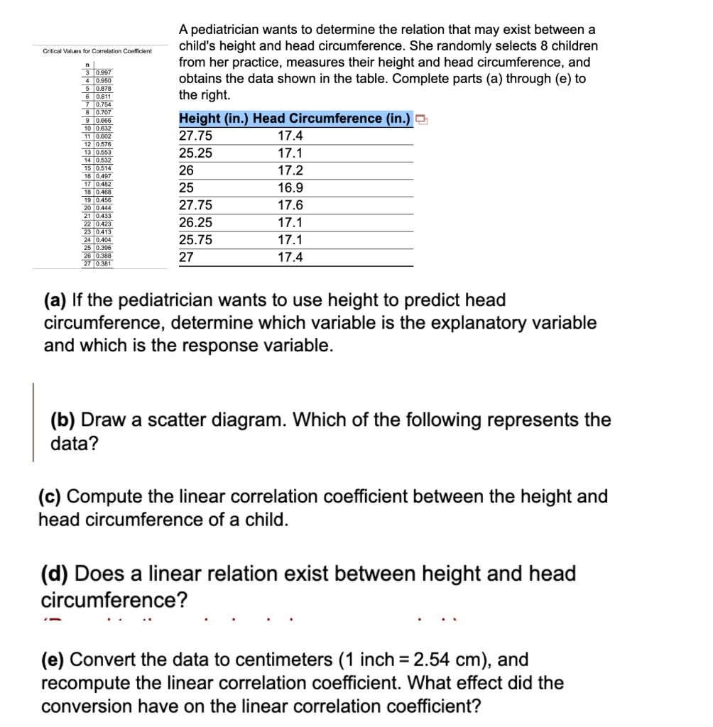 a pediatrician wants to determine the relation that may exist between a childs height and head ...