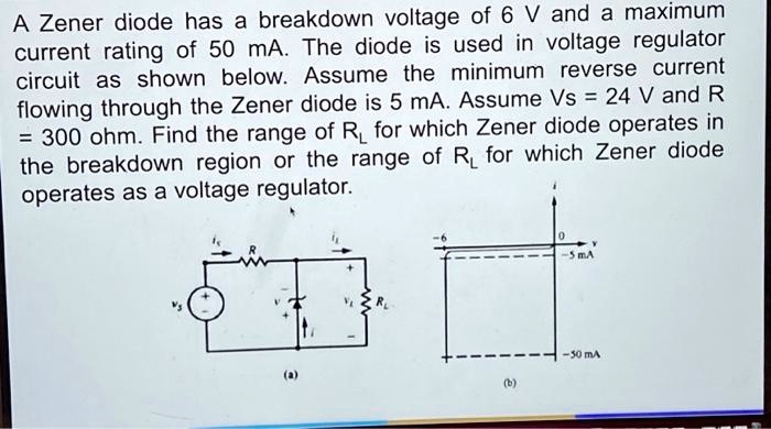 A Zener diode has a breakdown voltage of 6 V and a maximum current rating of 50 mA. The diode is ...