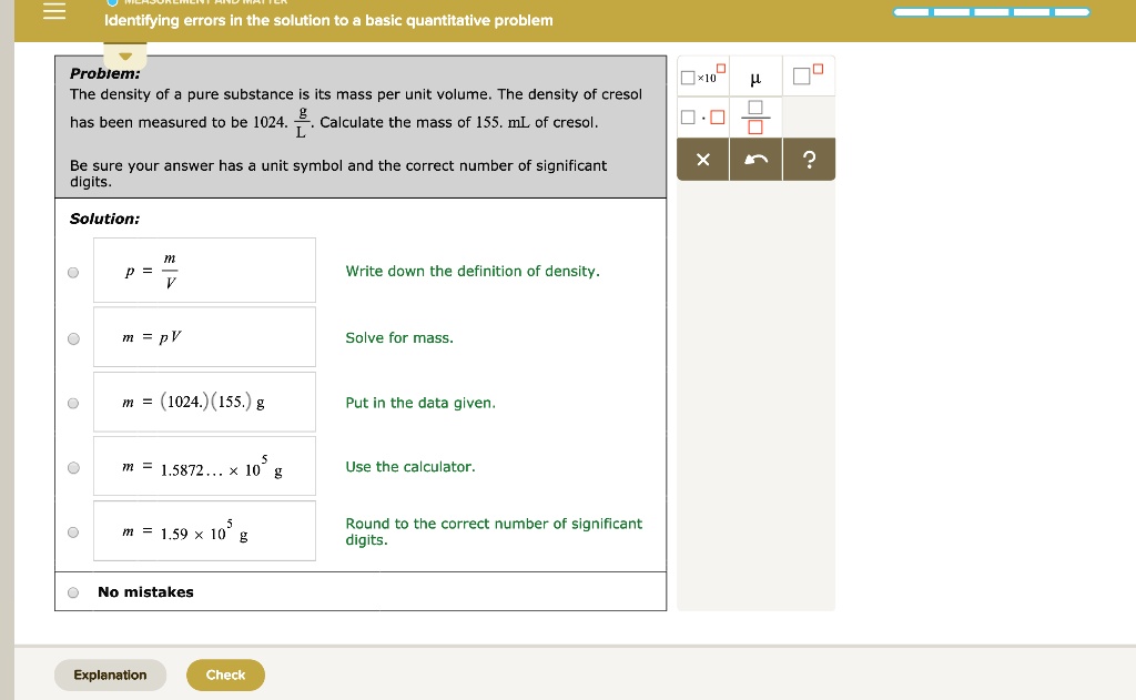 idertifying errors in the solution to basic quantitative problem probiem the density af pure ...
