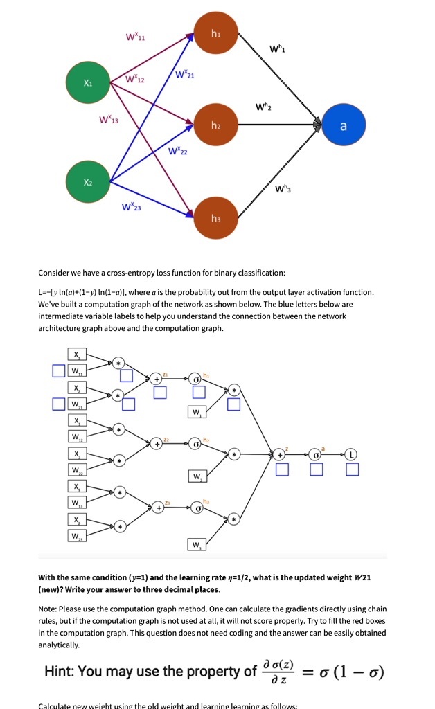 WX11 h1 Wh1 X1 WX12 W21 WX13 h2 h2 a W22 X2 Wh3 WX23 h3 Consider we have a cross-entropy loss ...