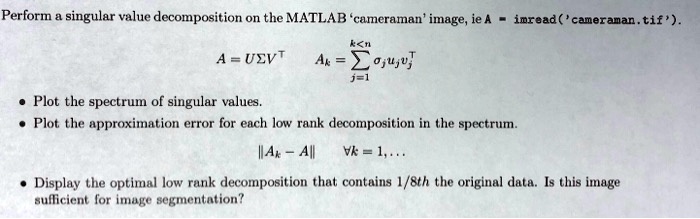 SOLVED: Perform a singular value decomposition on the MATLAB cameraman image, i.e., A = imread ...