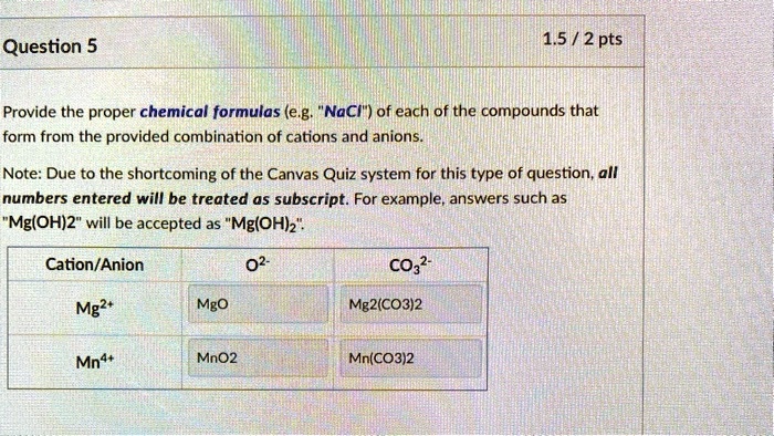 SOLVED: Question 5 1.5 / 2 pts Provide the proper chemical formulas (e ...