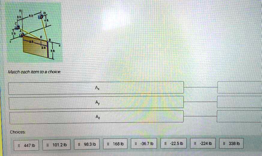 Match each item to a choice: Ax Ay Az Choices. 447 lb 101.2 lb 98.3 lb ...