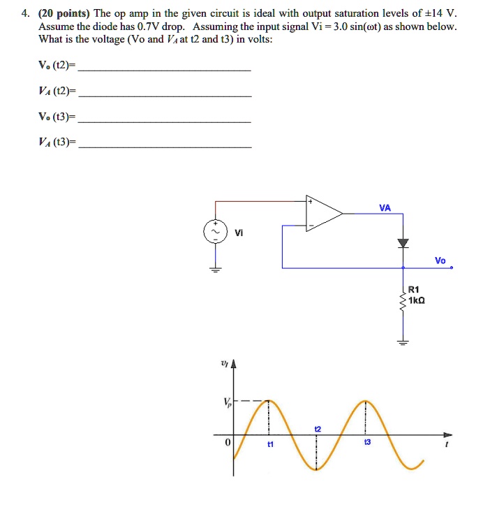 SOLVED: 4. (20 points) The op amp in the given circuit is ideal with output saturation levels of ...