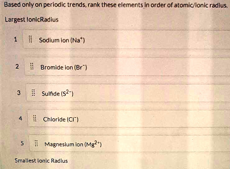 SOLVED: Based only on periodic trends, rank these elements in order of ...