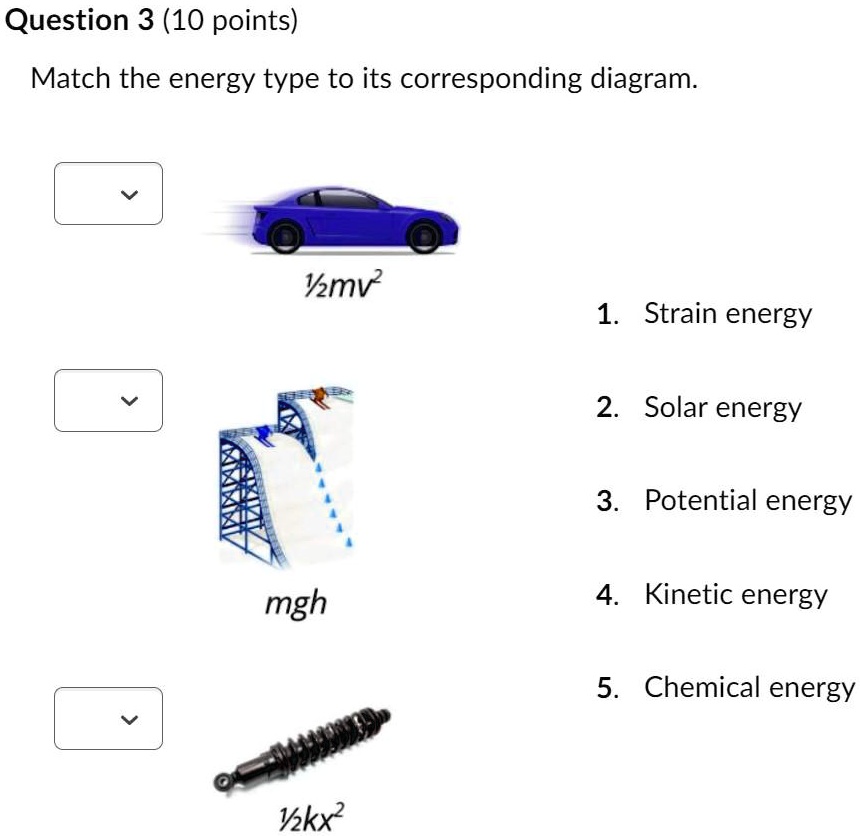 Question 3 (10 points) Match the energy type to its corresponding ...