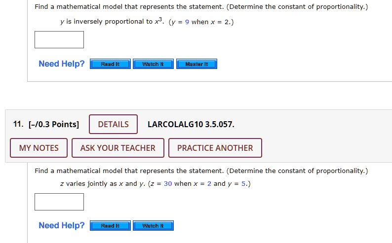 SOLVED: Find mathematical modeb that represents the statement: (Determine the constant of ...