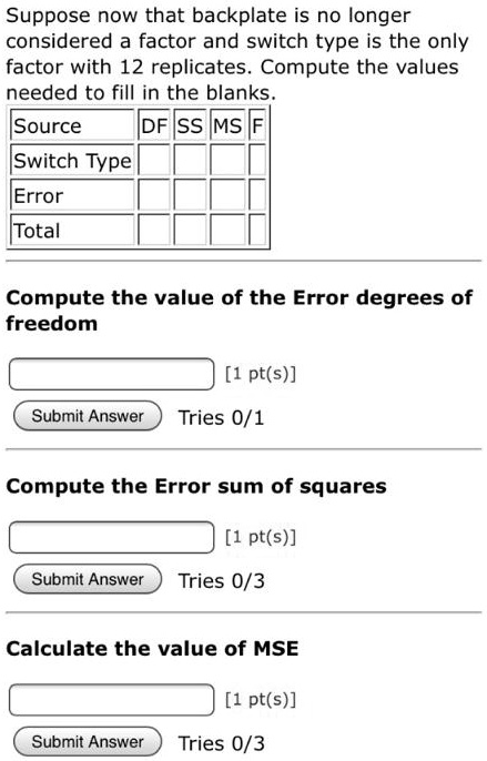 SOLVED: Suppose now that backplate is no longer considered a factor and switch type is the only ...