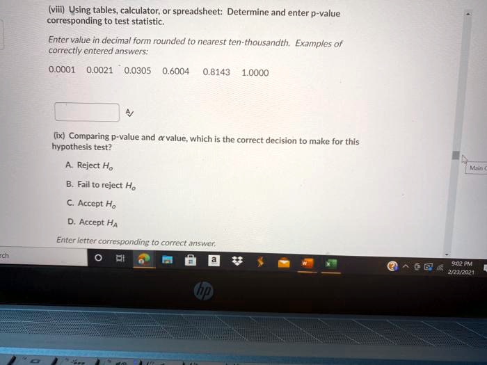 viii using tables calculator or spreadsheet determine and enter p value ...