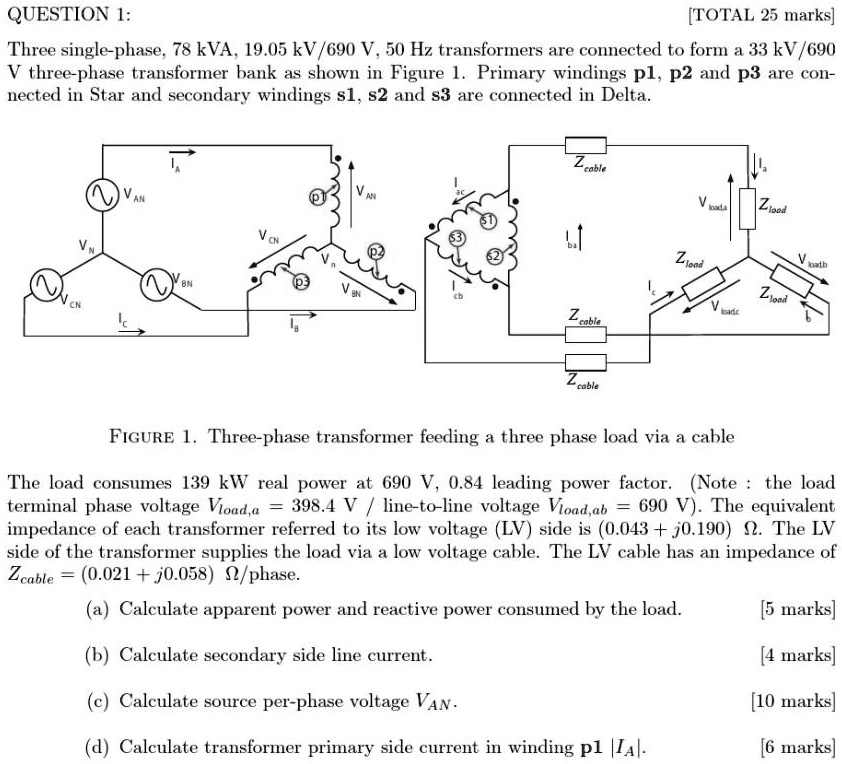 SOLVED: QUESTION 1: [TOTAL 25 marks] Three single-phase, 78 kVA, 19.05 ...
