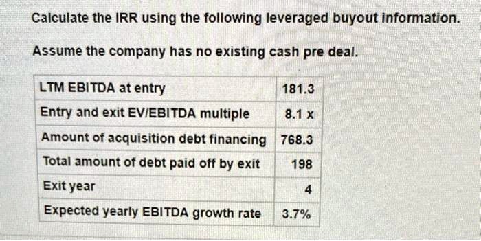 Calculate the IRR using the following leveraged buyout information ...