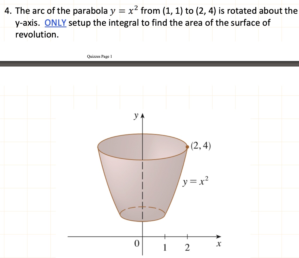 SOLVED: 4. The arc of the parabola y = x2 from (1, 1) to (2, 4) is ...