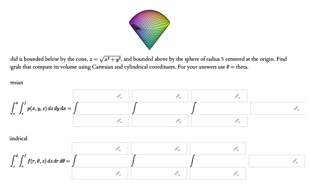 SOLVED: Solid is bounded below by the cone, z = 2âˆš(2 + y), and bounded above by the sphere of ...