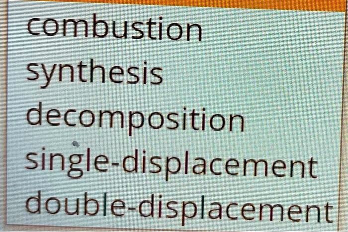 SOLVED: combustion synthesis decomposition single-displacement double-displacement]