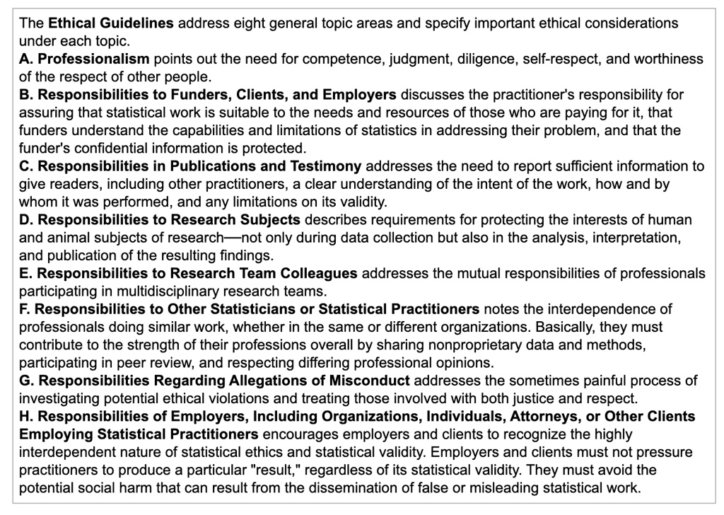 SOLVED: The Ethical Guidelines address eight general topic areas and ...