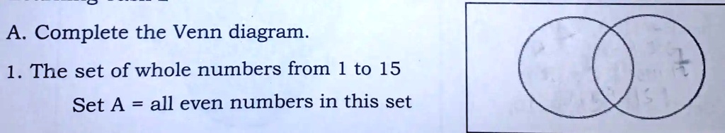 SOLVED: A Complete the Venn diagram. 1 The set of whole numbers from 1 to 15 Set A all even ...