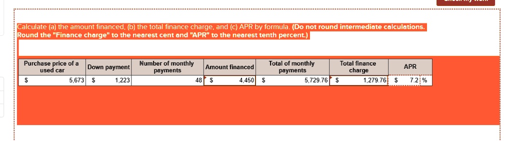 Calculate (a) the amount financed, (b) the total finance charge, and (c ...
