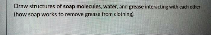 Draw structures of soap molecules, water, and grease...