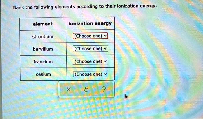 [GET ANSWER] rank the following elements according to their ionization energy element ionization ...