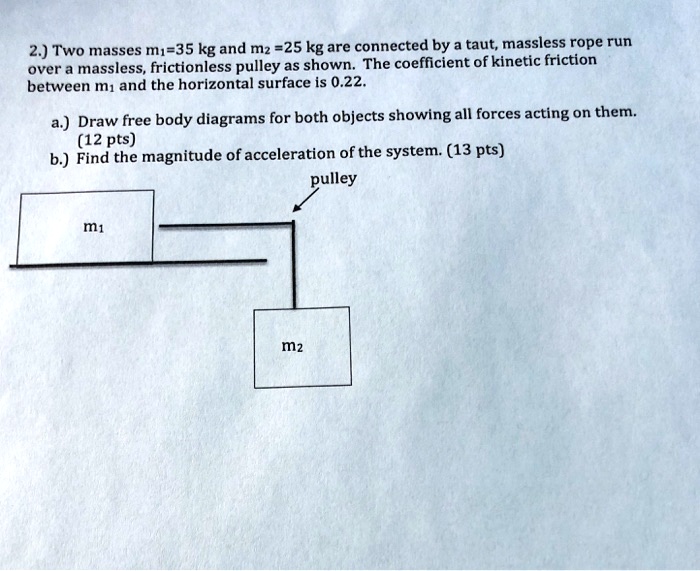 2.) Two masses m1=35 kg and m2 =25 kg are connected by a taut, massless rope run over a massless ...