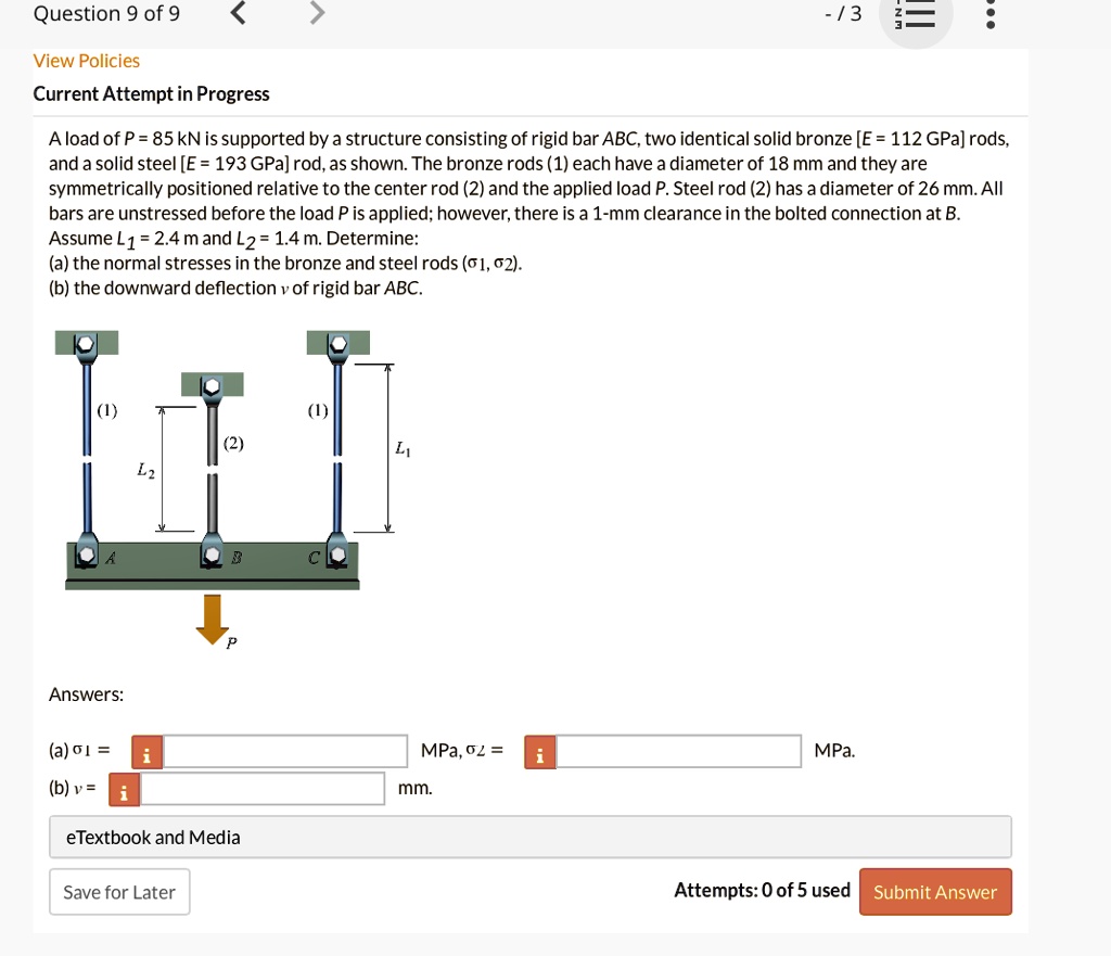 SOLVED: Question 9 of 9 -/3 View Policies Current Attempt in Progress A load of P = 85 kN is ...