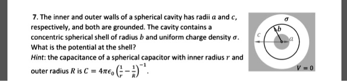 SOLVED: The inner and outer walls of a spherical cavity have radii a ...