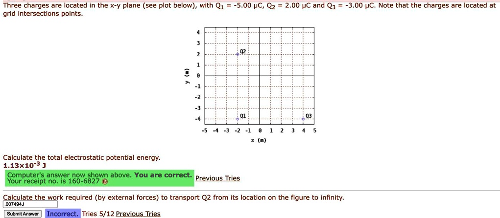 SOLVED: Three charges are located in the XY plane (see plot below) - with Q1 at grid ...