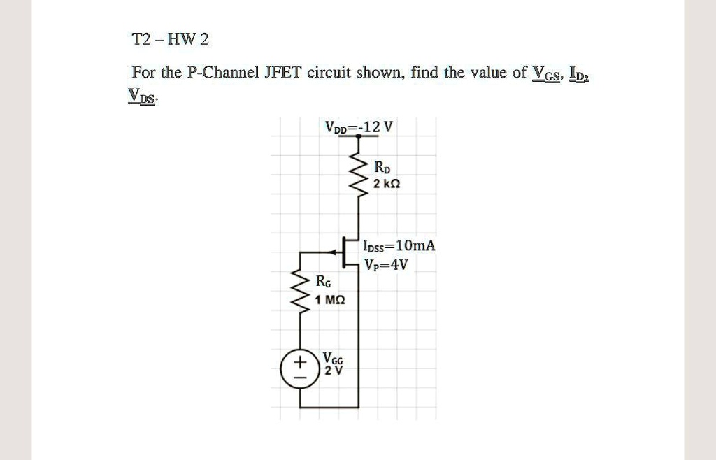 T2-HW 2 For the P-Channel JFET circuit shown, find the value of VGS, ID VDS VDD = -12 V RD 2 kΩ ...