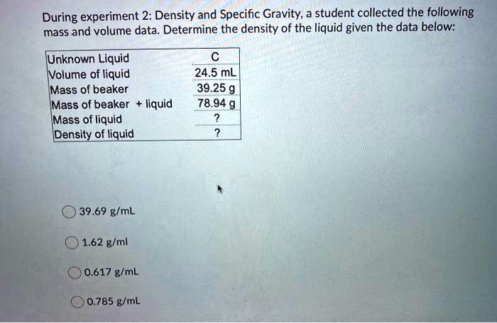 SOLVED: During experiment 2: Density and Specific Gravity, the student ...