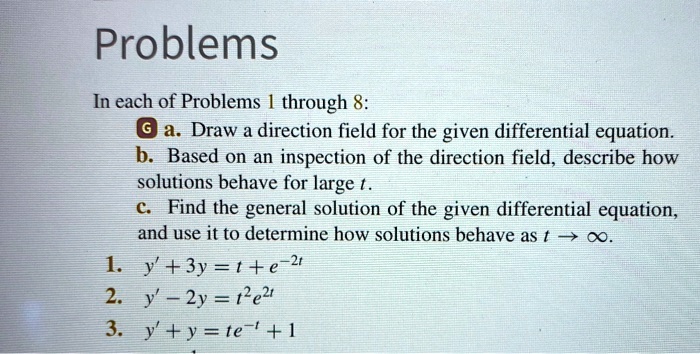 SOLVED:Problems In each of Problems through &: a. Draw a direction field for the given ...