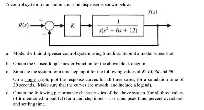 SOLVED: A control system for an automatic fluid dispenser is shown below: Y(s) 1 R(s) K s^2+6s ...