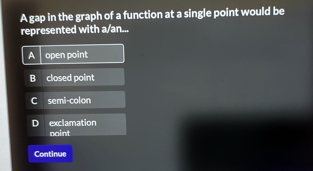 A gap in the graph of a function at a single point would be represented ...