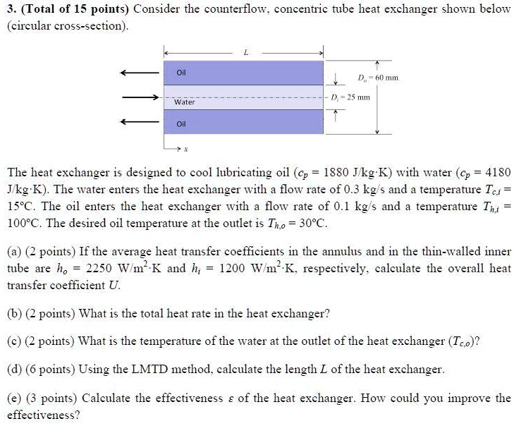SOLVED: 3.Total of 15 points Consider the counterflow.concentric tube heat exchanger shown below ...