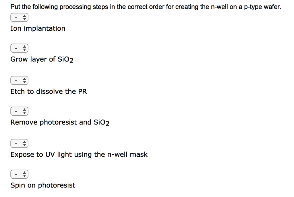 Put the following processing steps in the correct order for creating the n-well on a p-type ...
