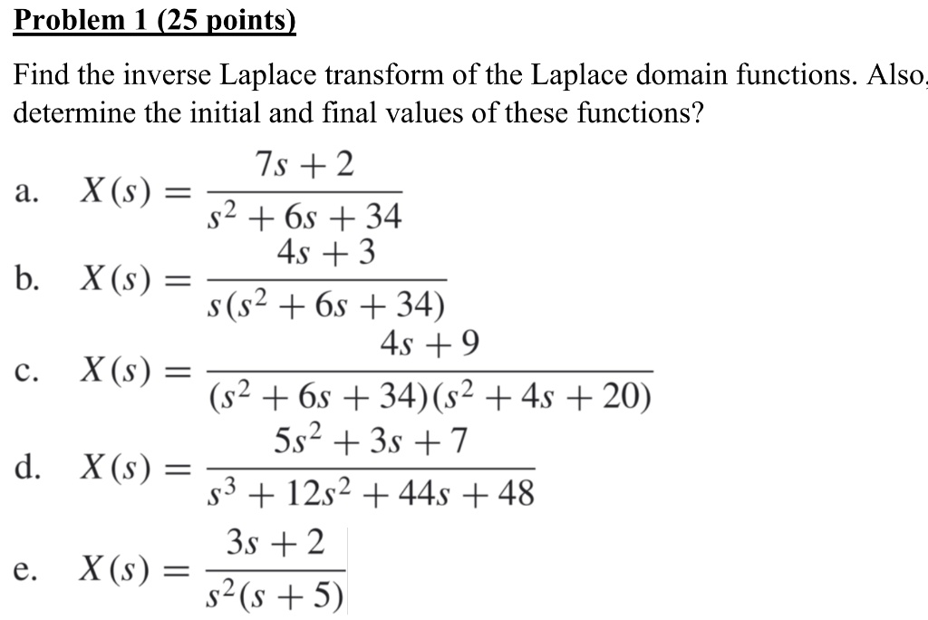 Problem 1 (25 points) Find the inverse Laplace transform of the Laplace domain functions. Also ...