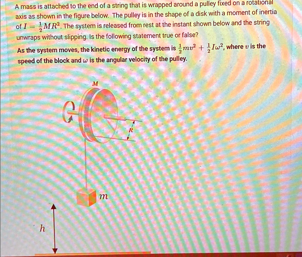 a mass is attached to the end of a string that is wrapped around a pulley fixed on a rotational ...