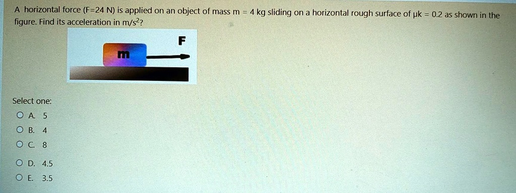 SOLVED: A horizontal force (F = 24 N) is applied to an object of mass m kg sliding on a ...