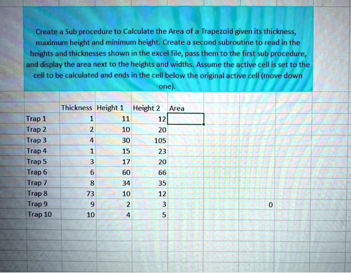 Solved Please Use Vbaexcel To Solve Vba Create A Sub Procedure To Calculate The Area Of A