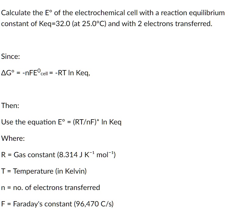 calculate the e of the electrochemical cell with a reaction equilibrium ...