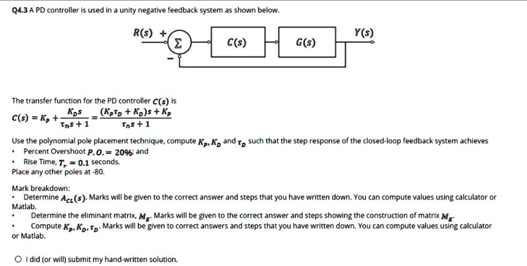 SOLVED: Q4.3 A PD controller is used in a unity negative feedback ...
