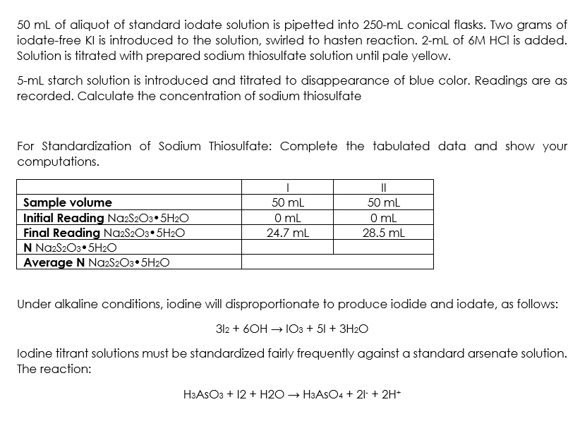 50 mL of aliquot of standard iodate solution is pipetted into 250-mL ...