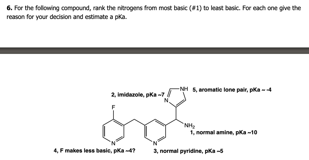 6. For the following compound, rank the nitrogens from most basic (#1) to least basic. For each ...